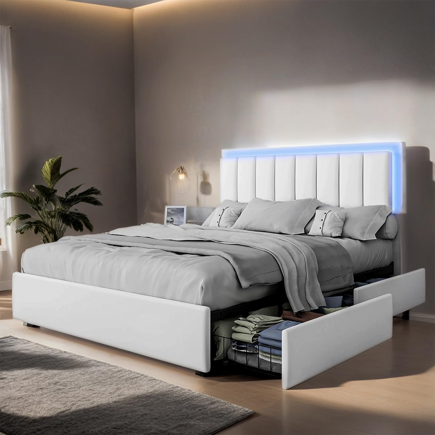 Amazon.com: Full Size Bed Frame with Storage Drawers & LED Lights ...