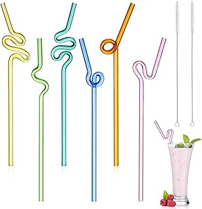 Amazon.com: Yinkin 6 Pcs Wavy Glass Straws Reusable Curved Straw ...