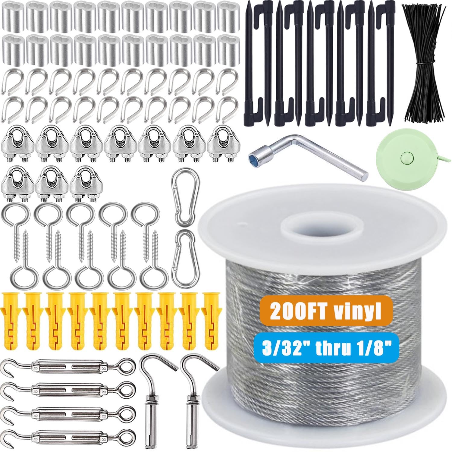 Outdoor Hanging Lights 1/8'' Steel Wire Rope Kit, 200FT Vinyl Coated ...