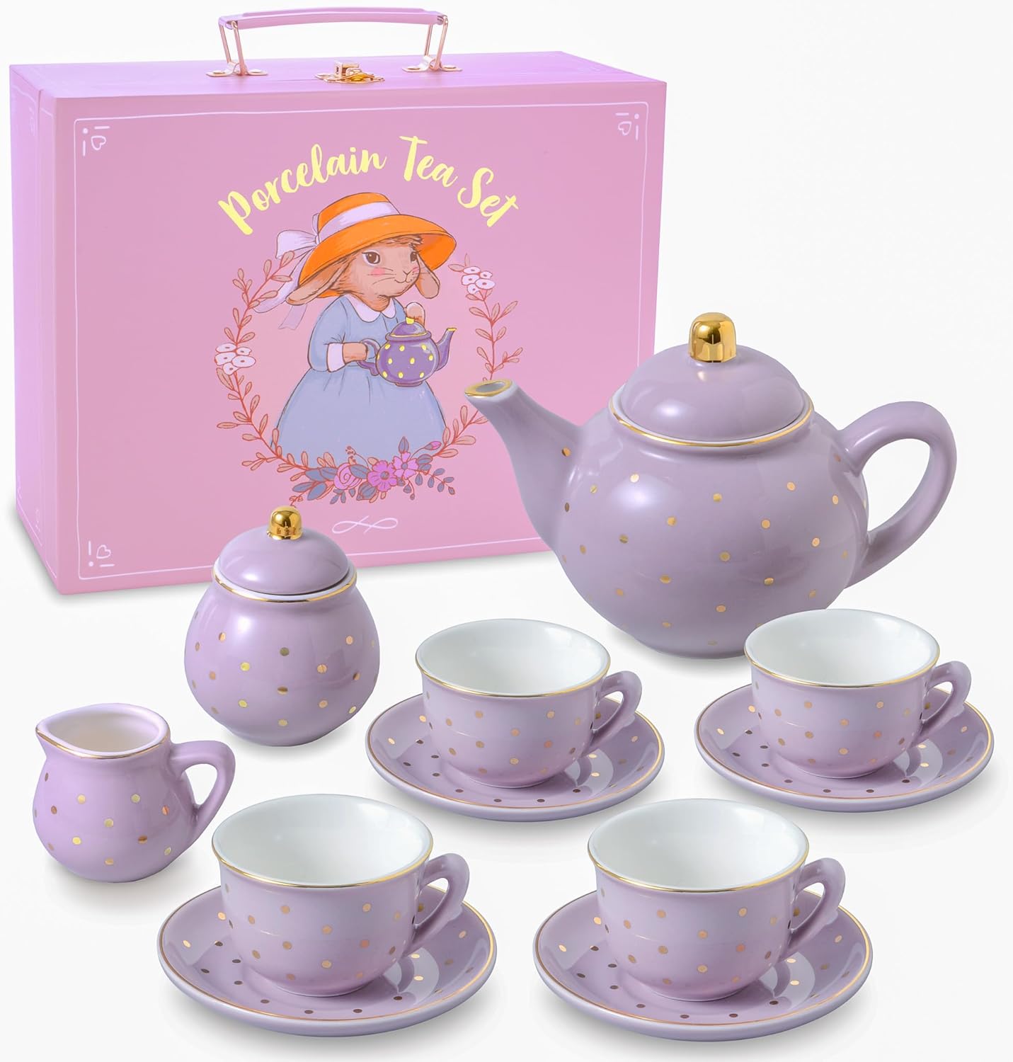 Amazon.com: Porcelain Tea Set for Girls - Lavender & Gold Polka Dot Tea ...