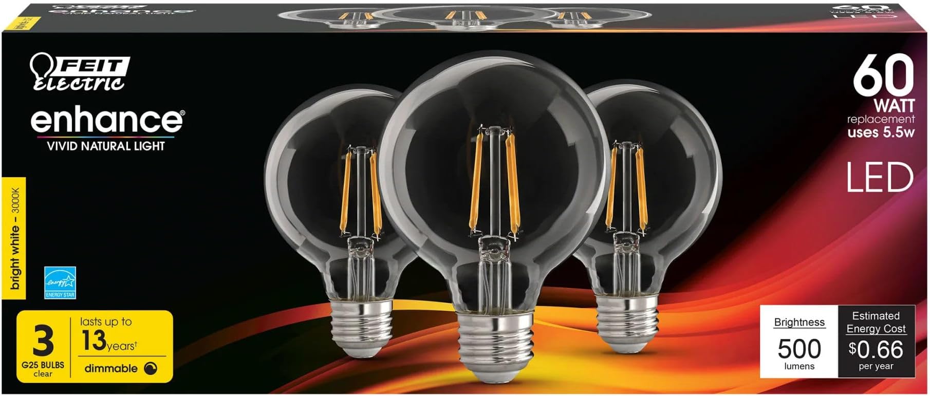 Feit Electric G2560/930CA/FIL/3/RP LED Filament Glass Globe Bulbs, Pack ...