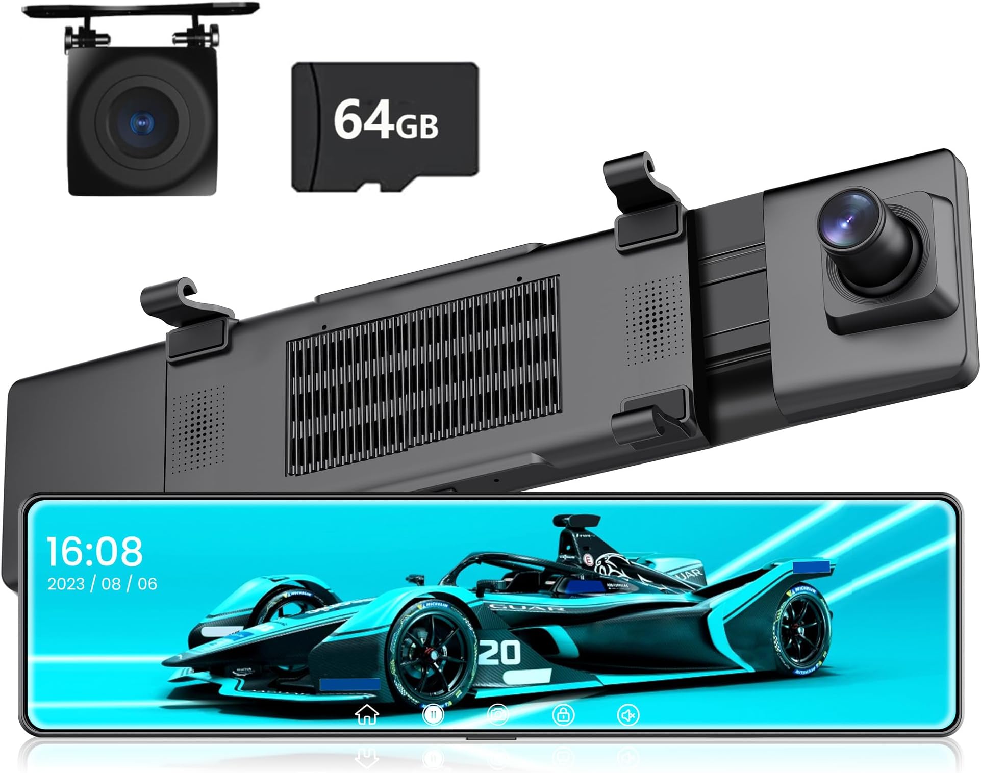 Hikity Car Rear View Mirror Camera with 64G TF Card, 4.5 Inch 1080P IPS ...