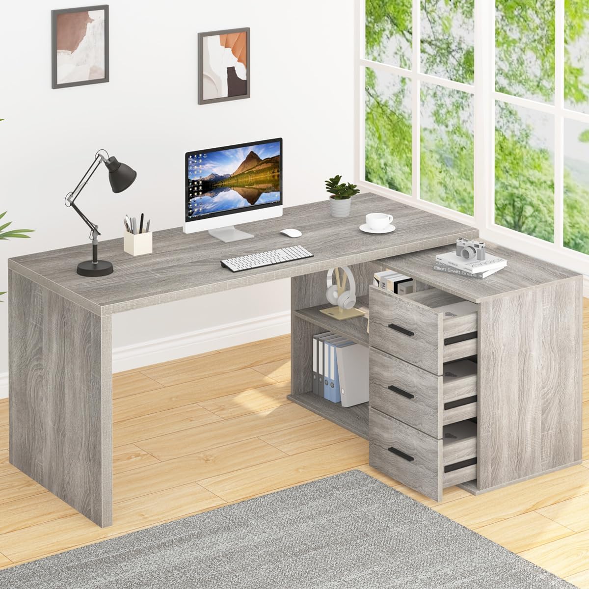 HSH 360° Rotating L Shaped Computer Desk with 3 Drawers and 2 Shelves ...