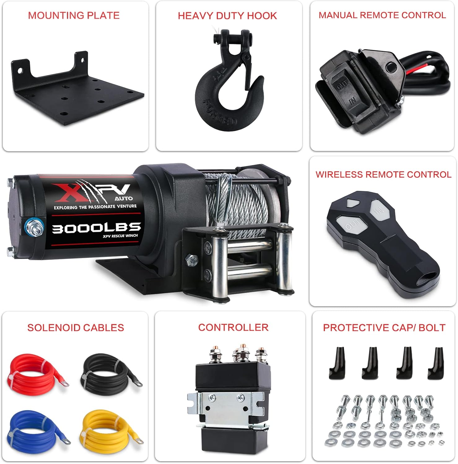 Buy XPV AUTO 3000 lb 12V DC Electric Winch Waterproof Winch for UTV ATV ...