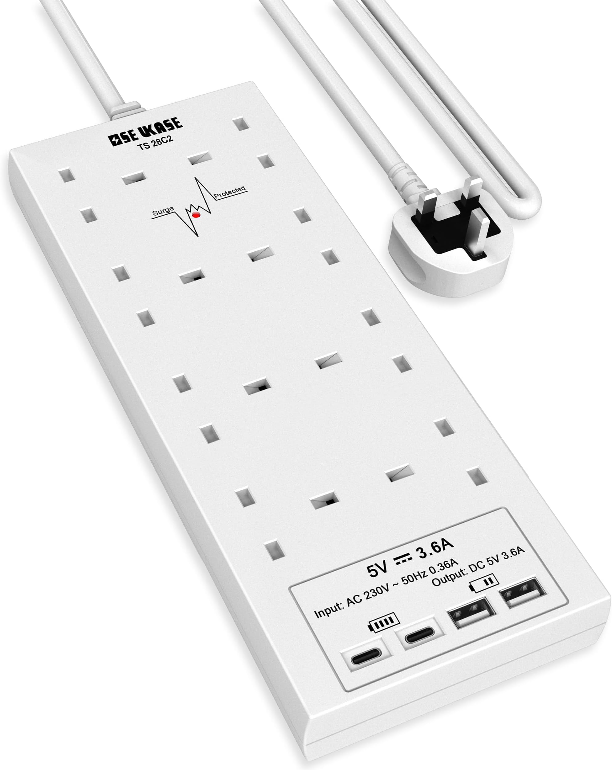 Extension Lead with USB Slots, 8 Way Socket Surge Protection with 4 USB Charger(2C+2A) Multi ...