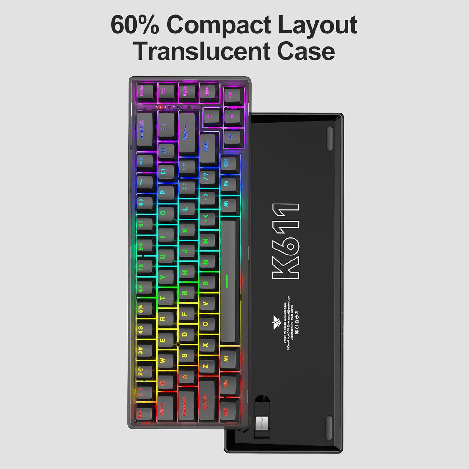 Buy NPET K611 Wireless 60% Mechanical Gaming Keyboard, 2.4G/BT5.1/USB-C Wired Keyboard with Red ...