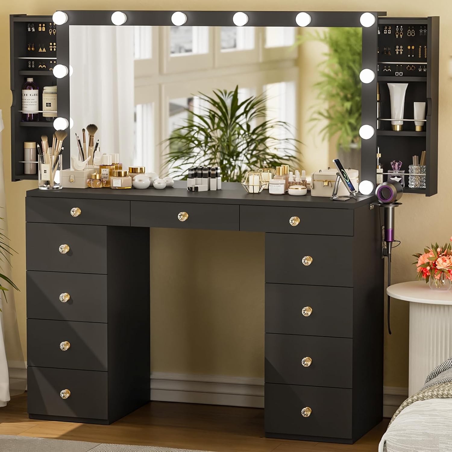 Amazon.com: Likein Vanity Desk with Mirror and Lights, Black Vanity ...