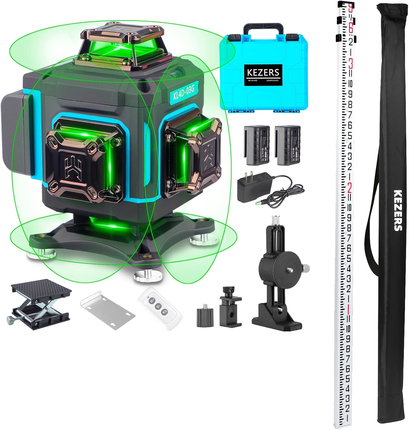 KEZERS Laser Level 360 Self Leveling with 9FT Grade Rod,8ths,3 Section Grade Rod for Laser Level ...