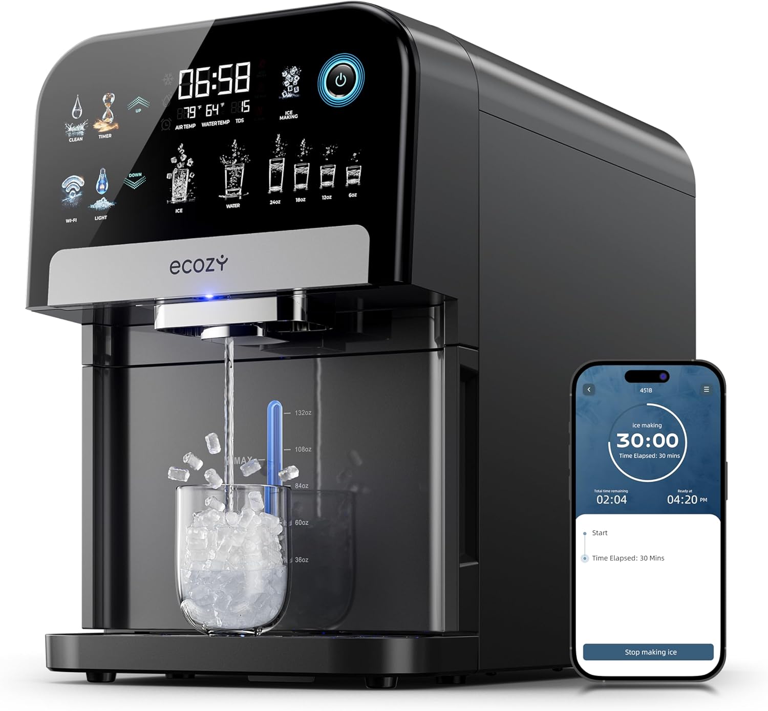 Amazon.com: ecozy Nugget Ice Maker Dispenser, Smart 2-in-1 Pebble Ice ...