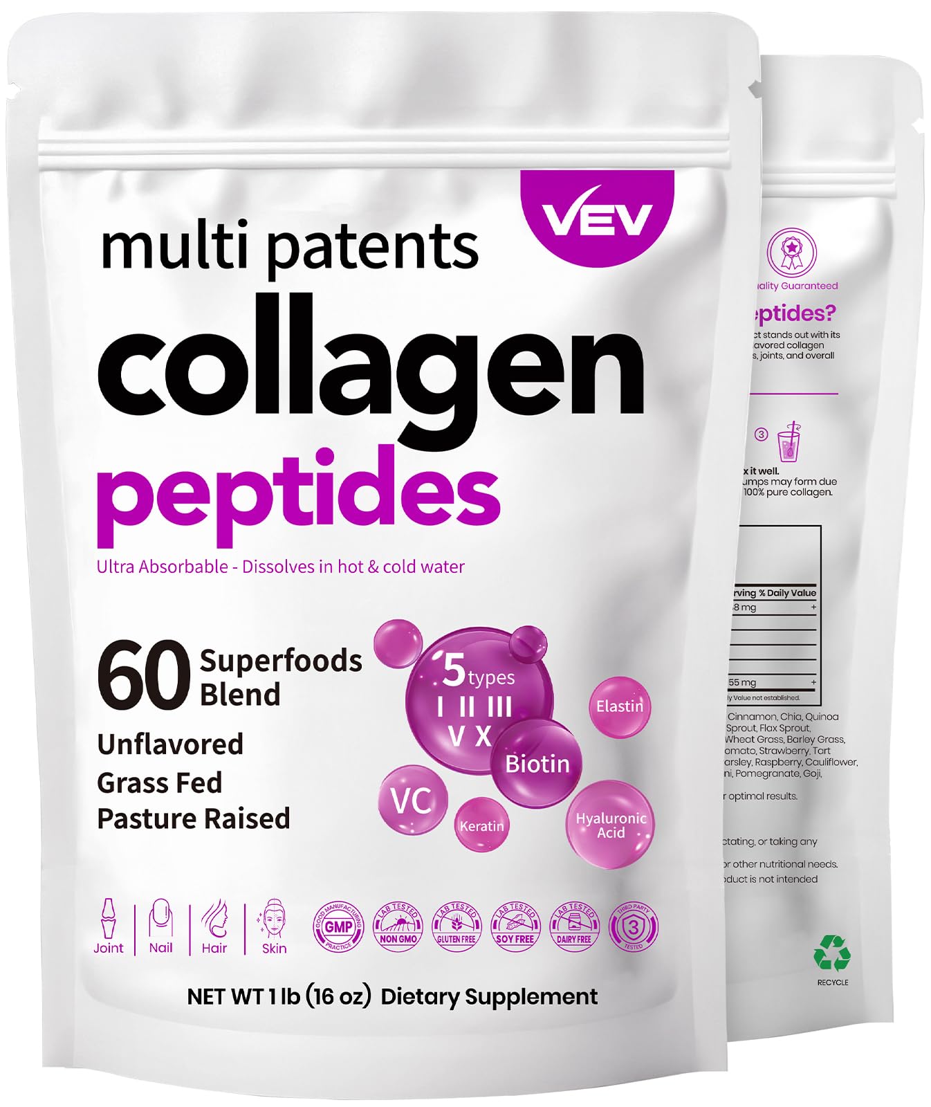 Amazon.com: VEV Multi Collagen Peptides Powder, 1 lb – Type I, II, III ...