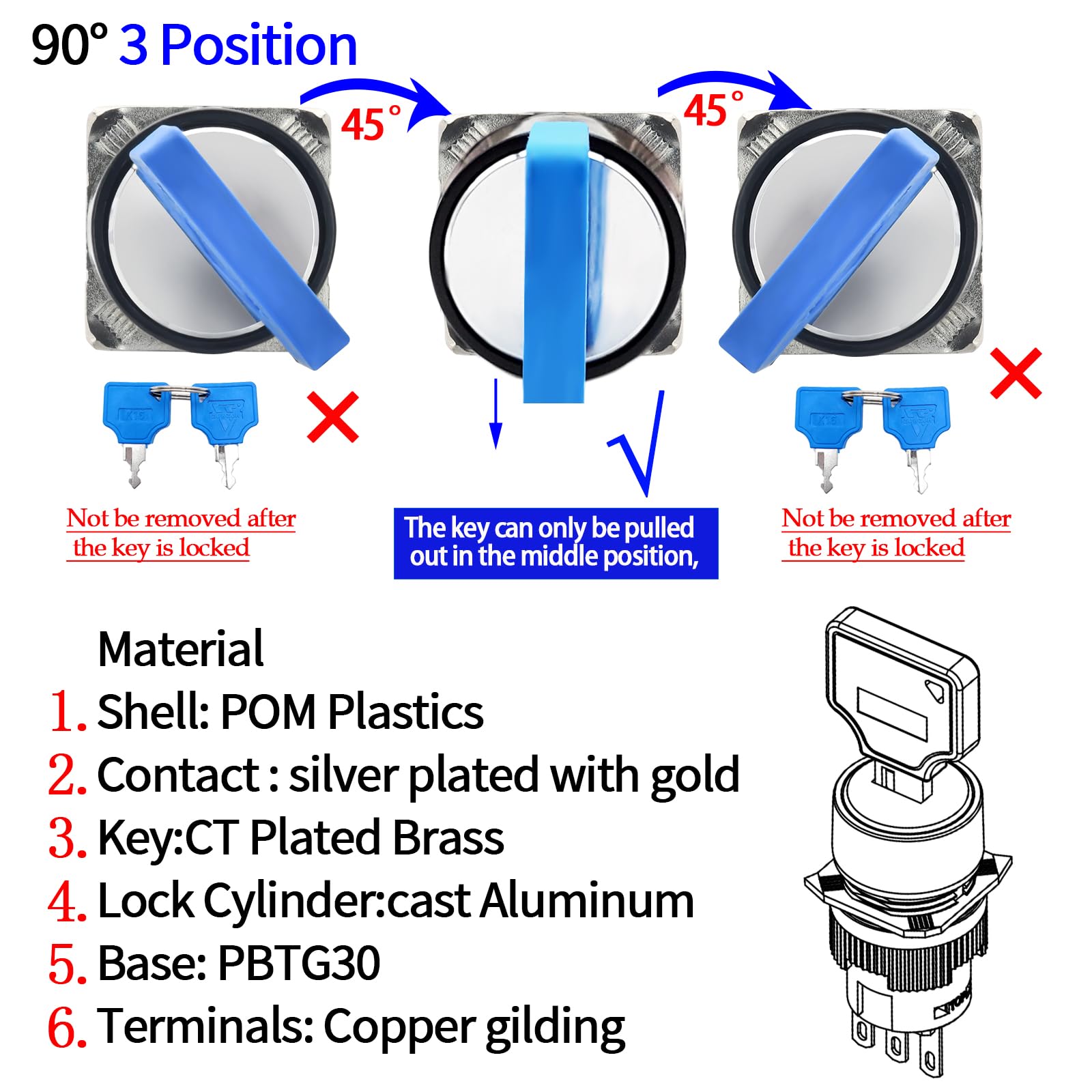 Snapklik.com : 16mm 3 Position Key Switch 5/8" Mounting Hole 12V 24V ...