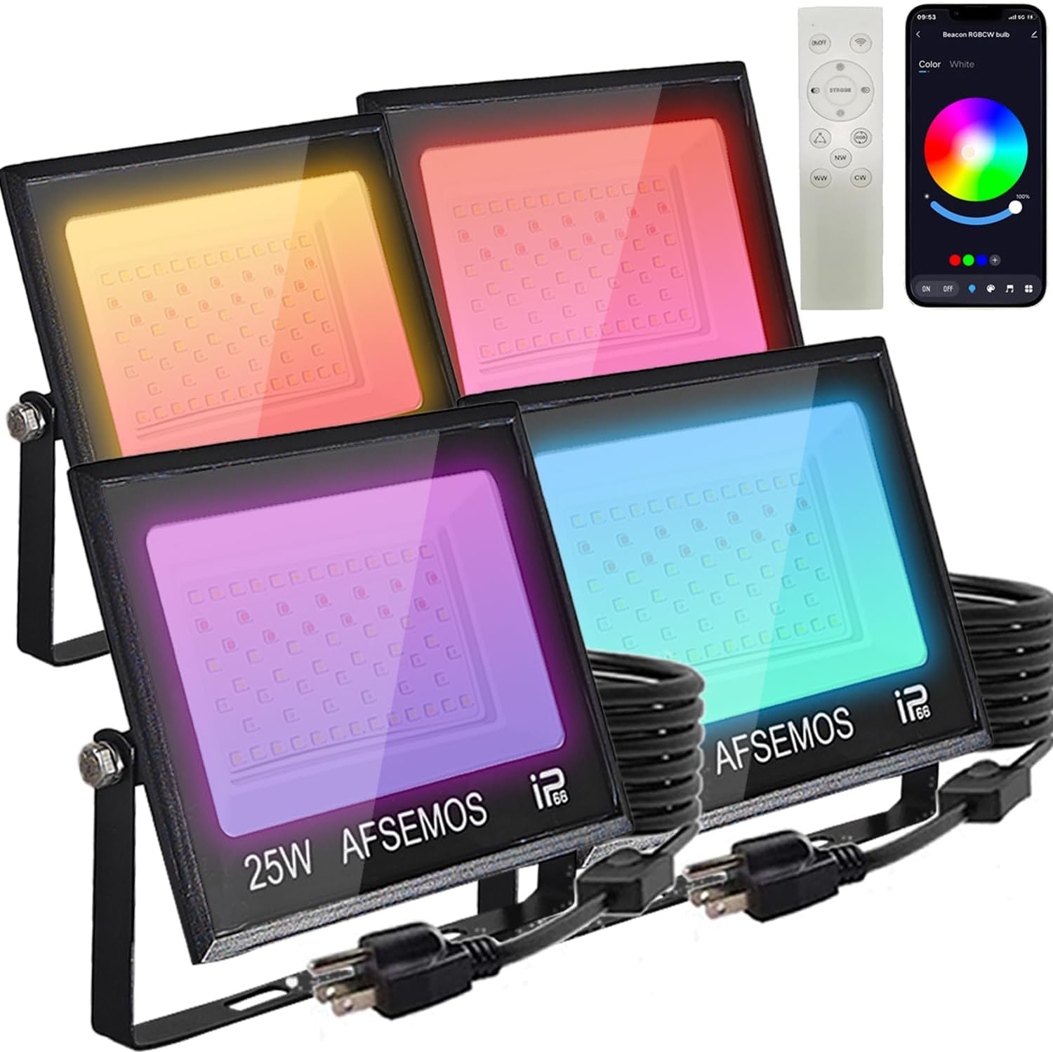 AFSEMOS RGB Flood Lights 25W Color Changing Lights with Remote and ...
