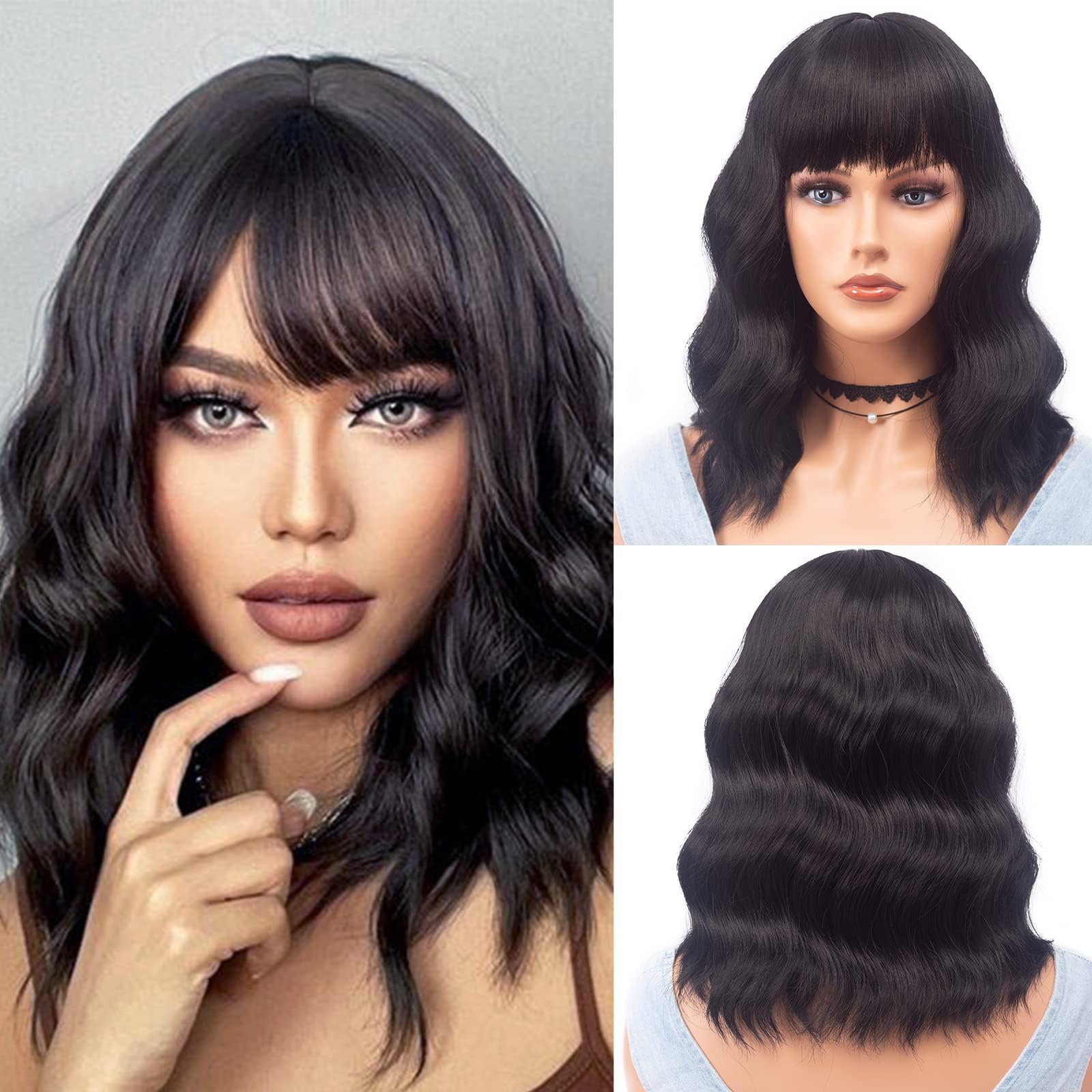 Amazon.com : Lotfon Wavy Curly Bob Wig with Bangs shoulder length Wigs ...