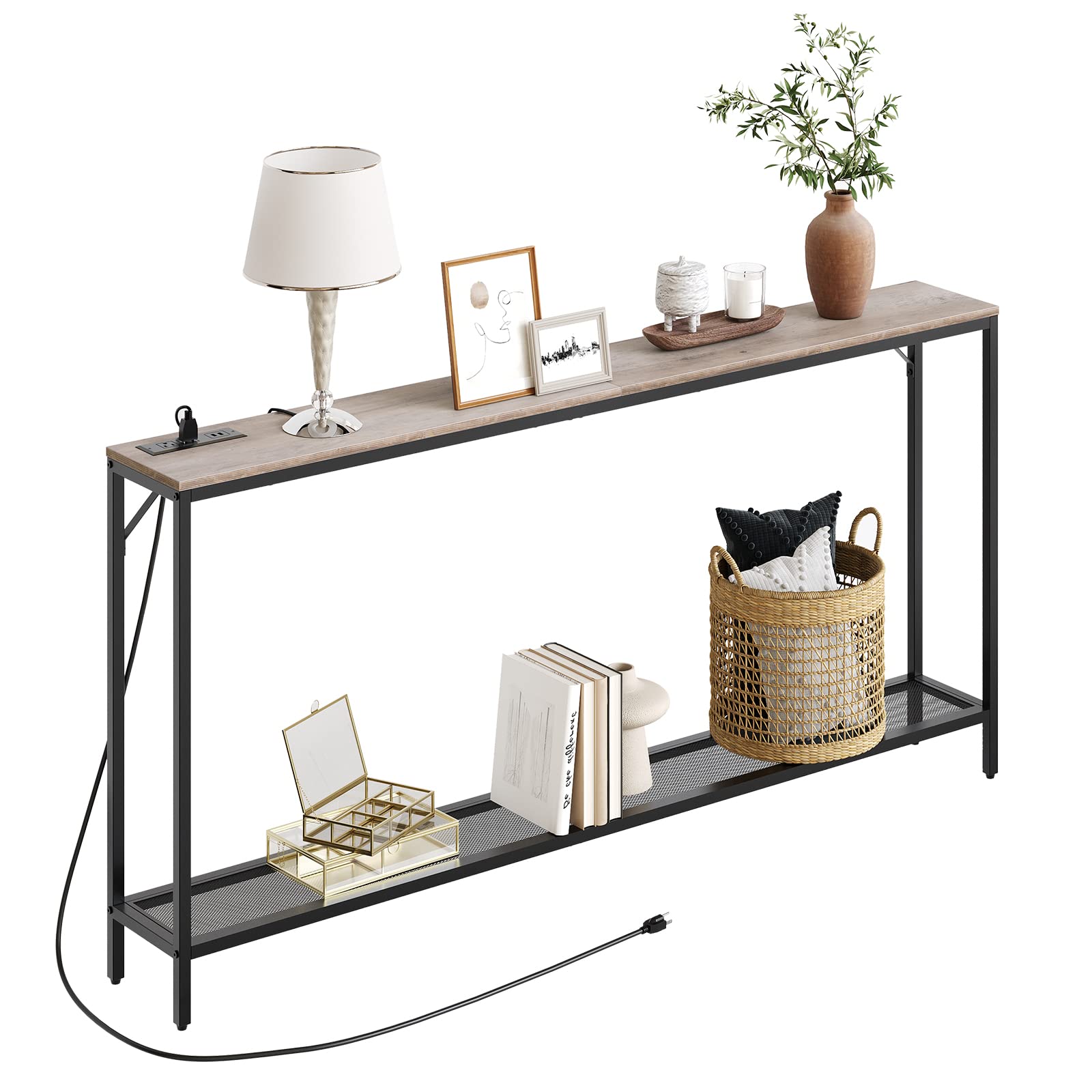 MAHANCRIS 63” Sofa Table with Power Outlets, 2-Tier Console Table with ...