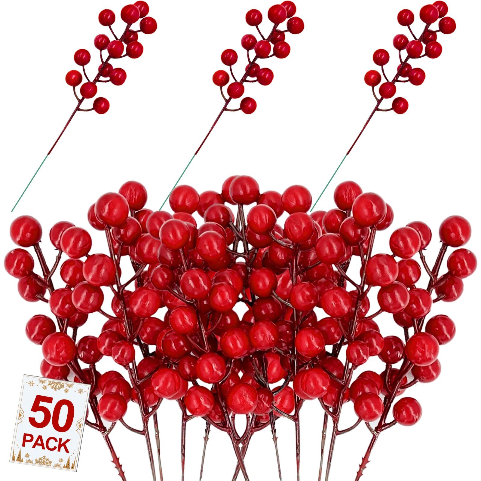Amazon.com: GRANDEAL 50 Pack Red Berry Stems Waterproof Christmas Picks ...