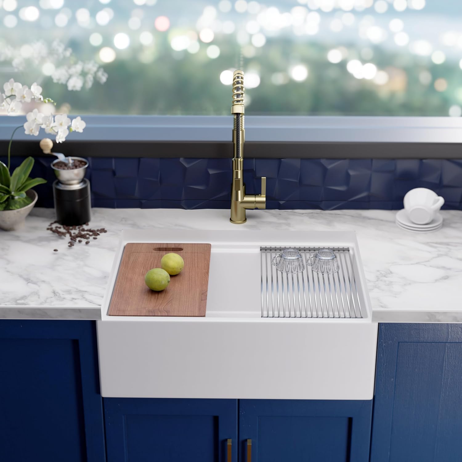 Farmhouse Sink 33 inch, ALWEN White Fireclay Farmer Sink,Workstation ...