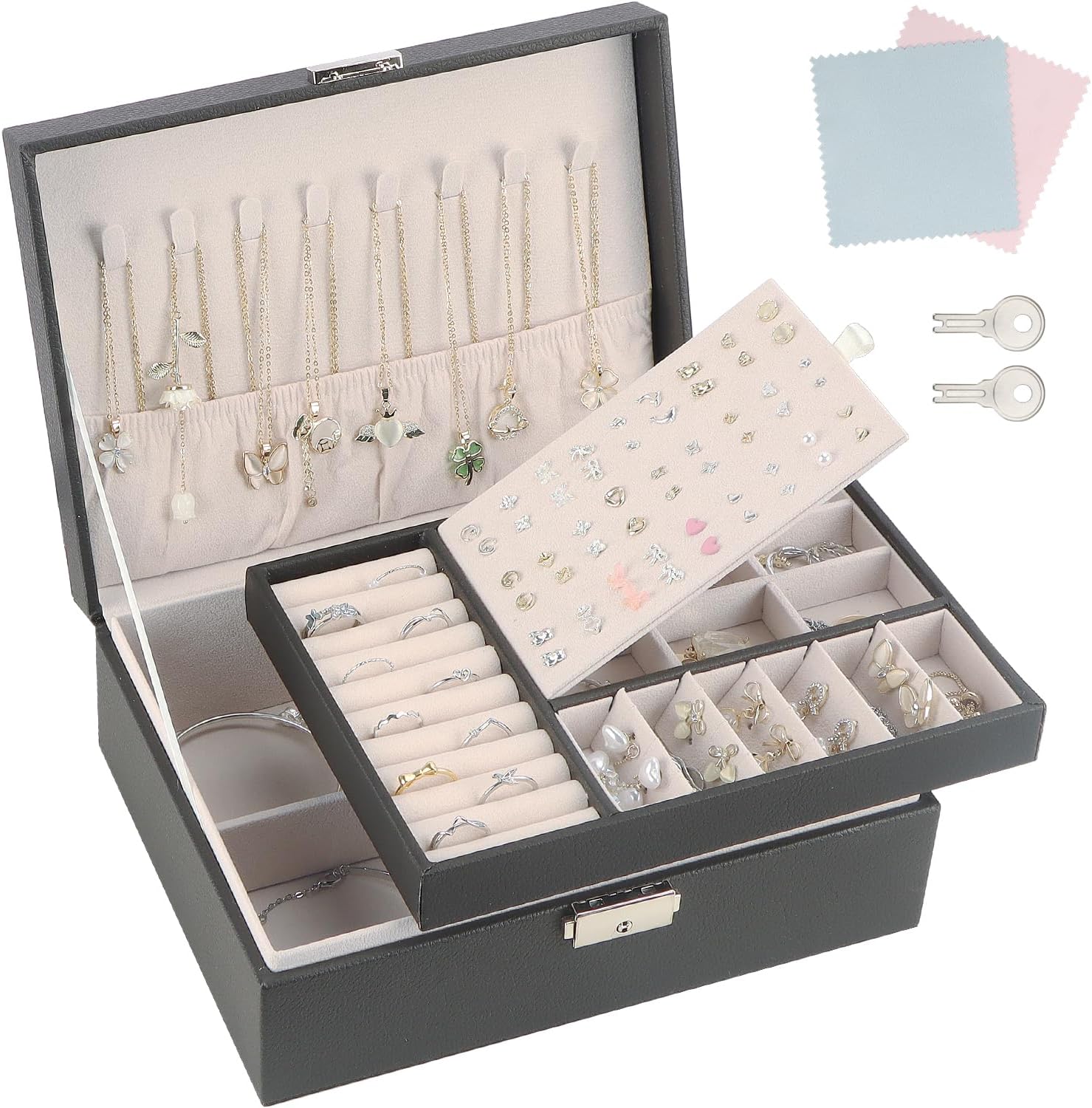 TEIVUL Jewellery Box,2 Layer PU Leather Jewelry Box Organiser with 2 ...