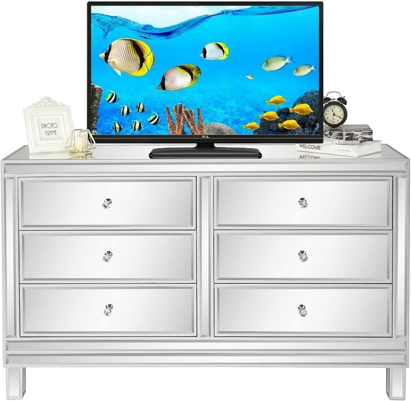 Amazon.com: Mirrored Finish Glass TV Stand with 6 Drawers,Silver TV ...
