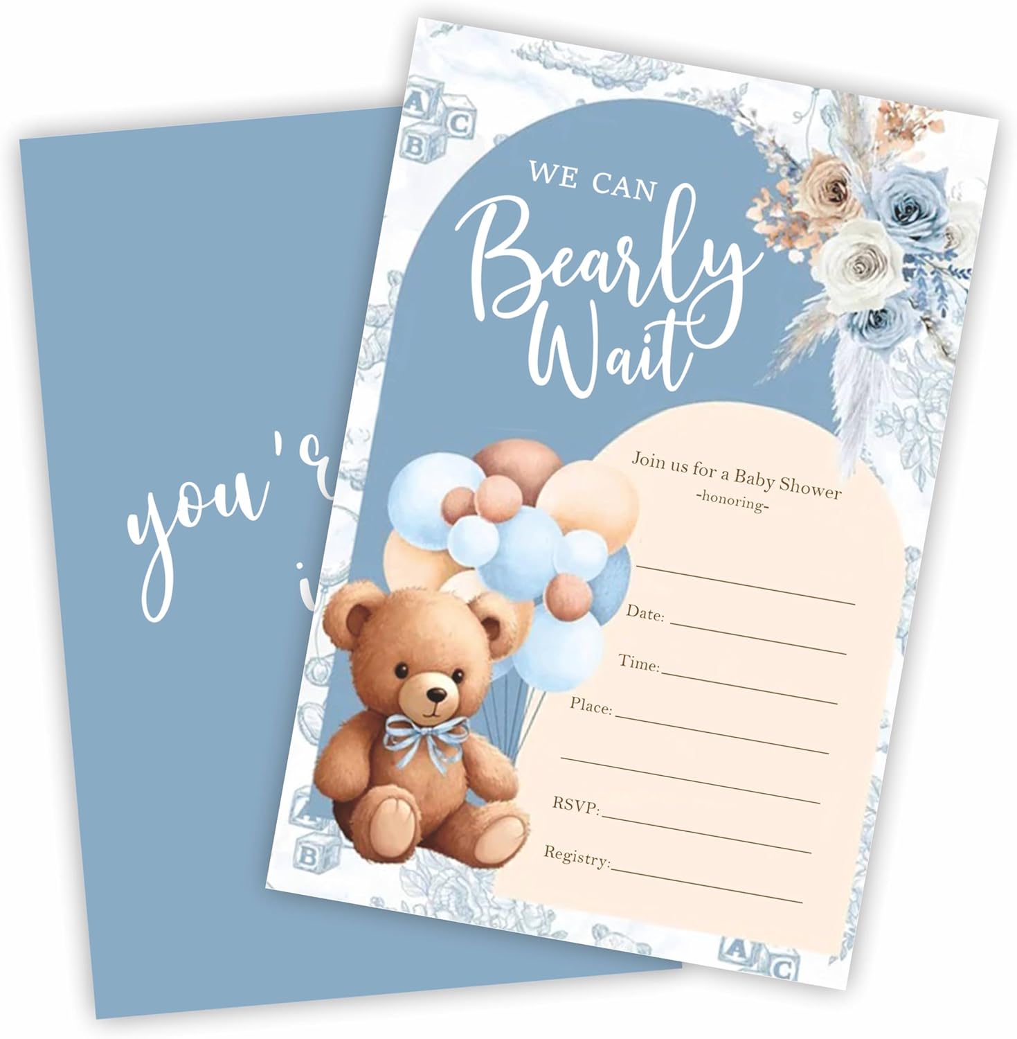Amazon.com : We Can Bearly Wait Baby Shower Invitation, 20 Blue Boho Floral & Bear Balloon Fill ...
