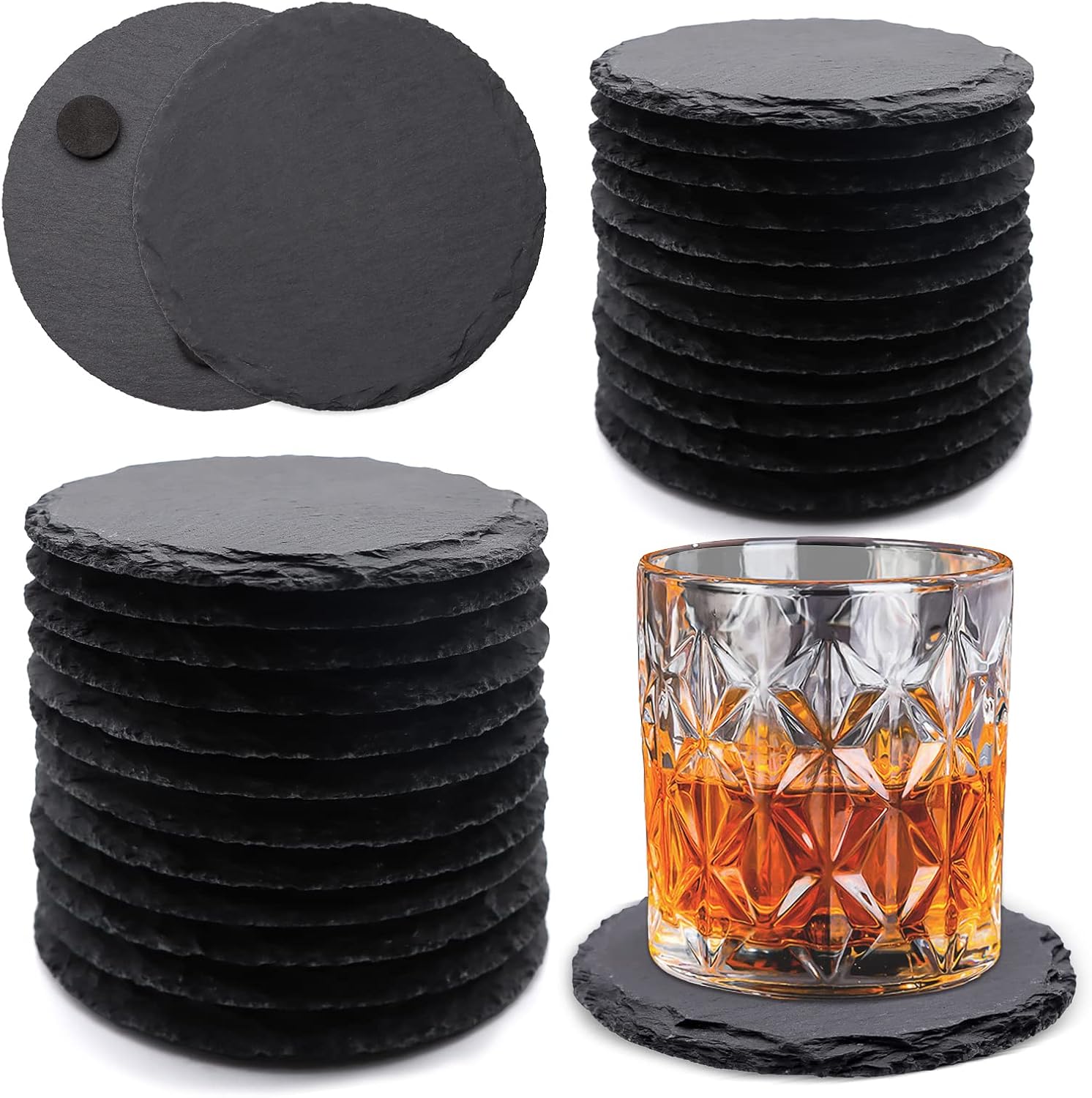 24 Pack Round Slate Drink Coasters, VIBRATITE 4 Inch Black Slate Stone ...
