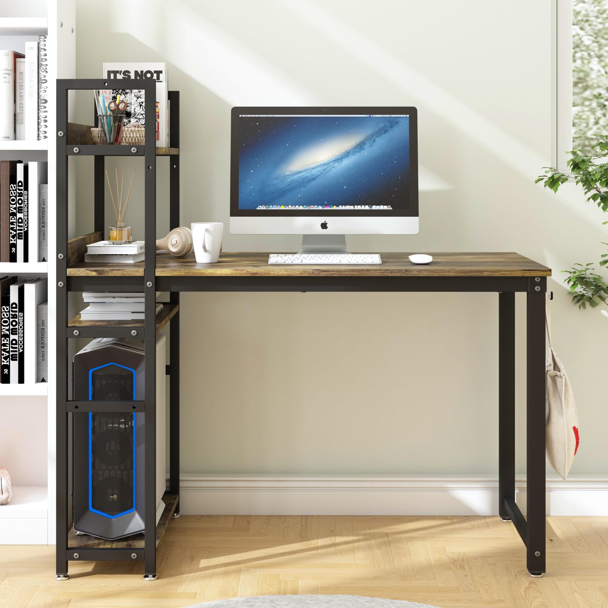 Amazon.com: HOBINCHE 47 Inch Computer Desk with 4-Tier Shelves, Modern ...