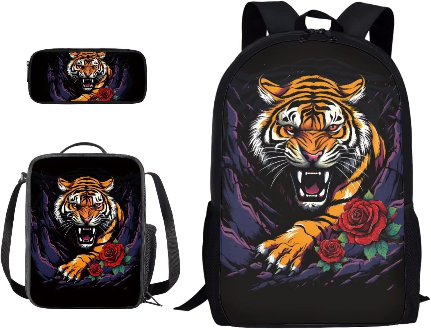 Amazon.com | Poceacles Strong Tiger Rose Flowers Print Backpacks Lunch ...