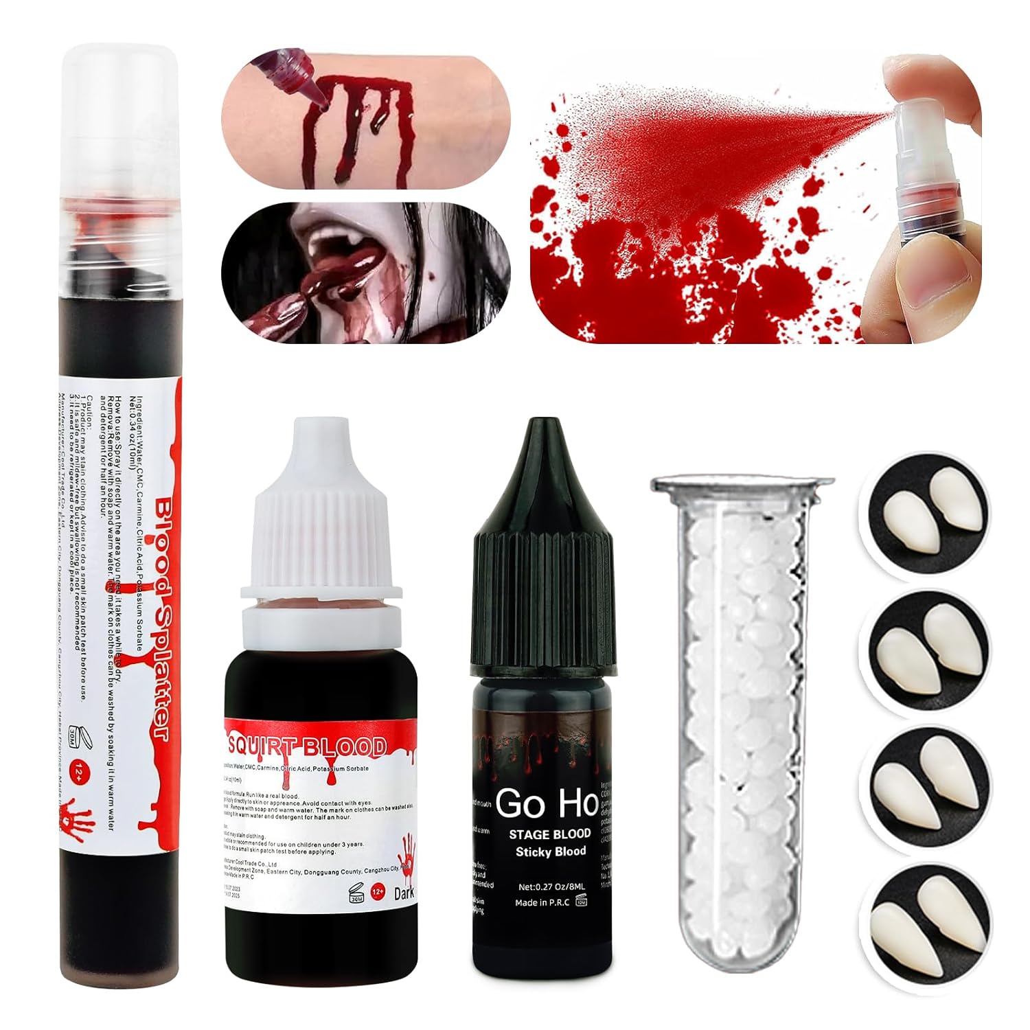Amazon.com : Go Ho Halloween Vampire Fangs Teeth Makeup and Fake Blood ...