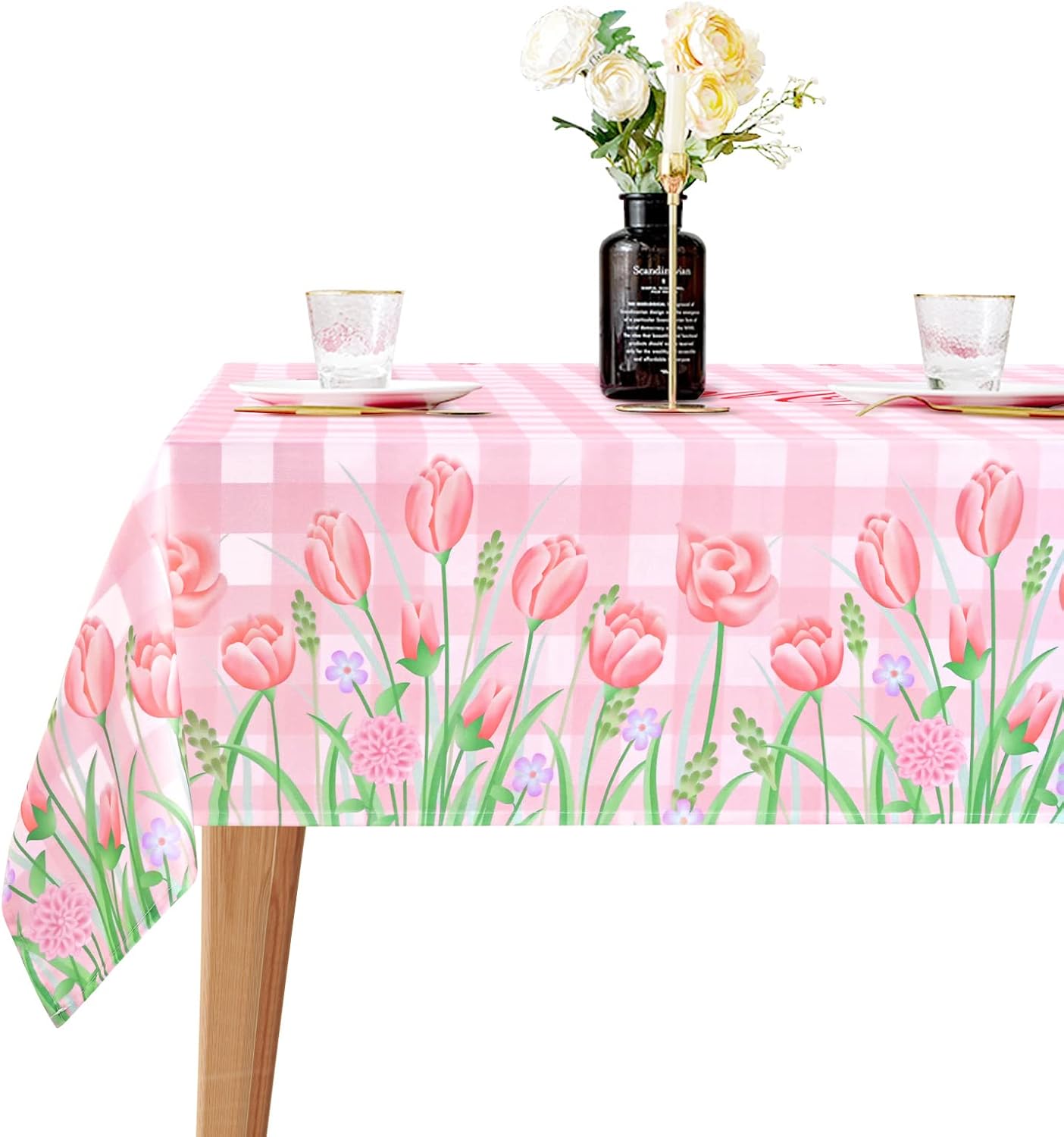 Amazon.com: VERTKREA Mother's Day Tablecloth, Pink Tulip Plaid Table ...