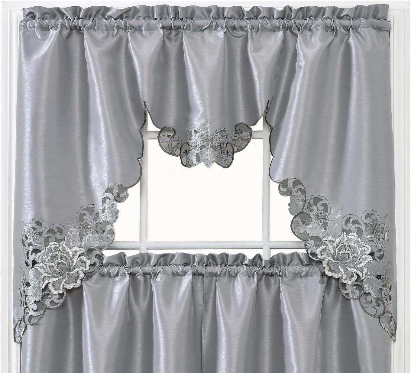 Amazon.com: Collections Etc Lillian Floral Lace Trim Window Curtains ...