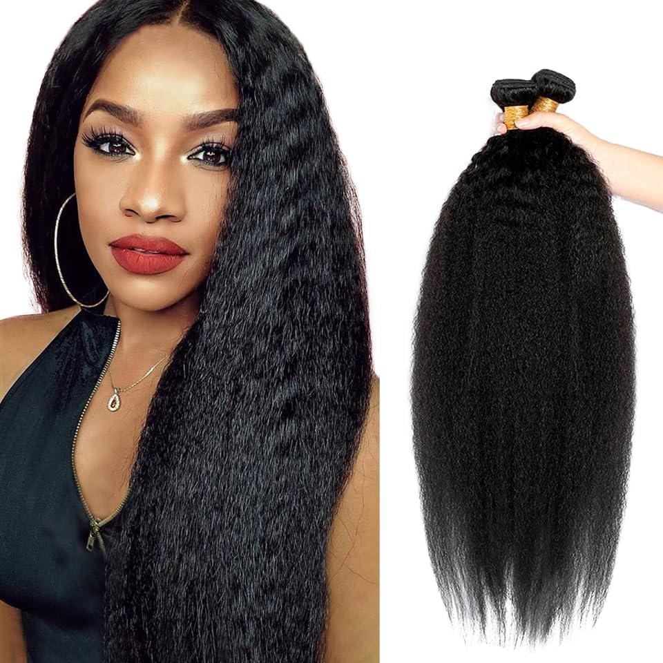 Amazon.com : Yaki Bundles Human Hair Kinky Straight Bundles Brazilian Remy Natural Black Color ...