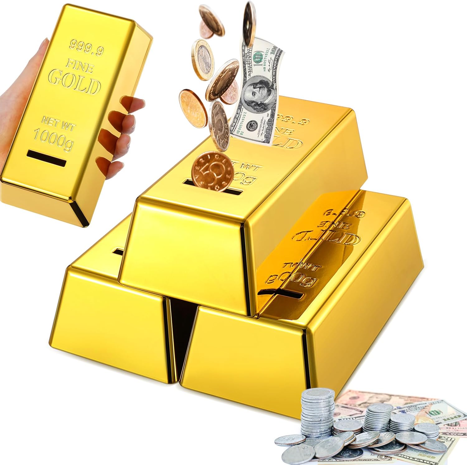 Amazon.com: Umigy 3 Pcs Fake Gold Bar Coin Bank Glittering Gold Bar ...
