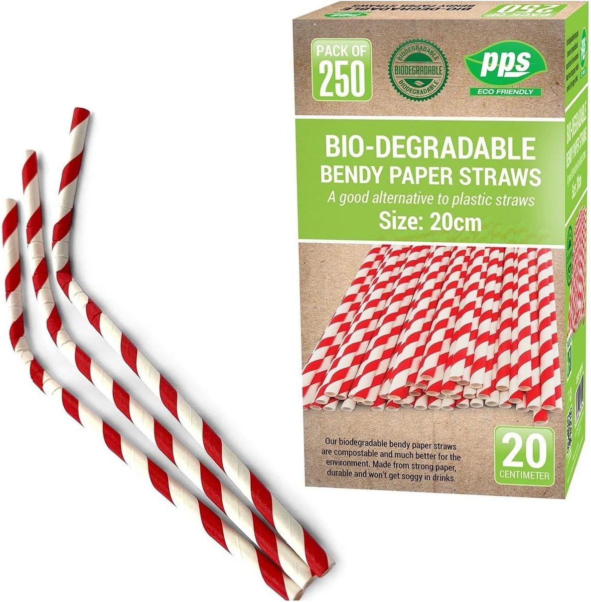 50 x Bendy Red and White Stripe Paper Drinking Straws Biodegradable Eco ...