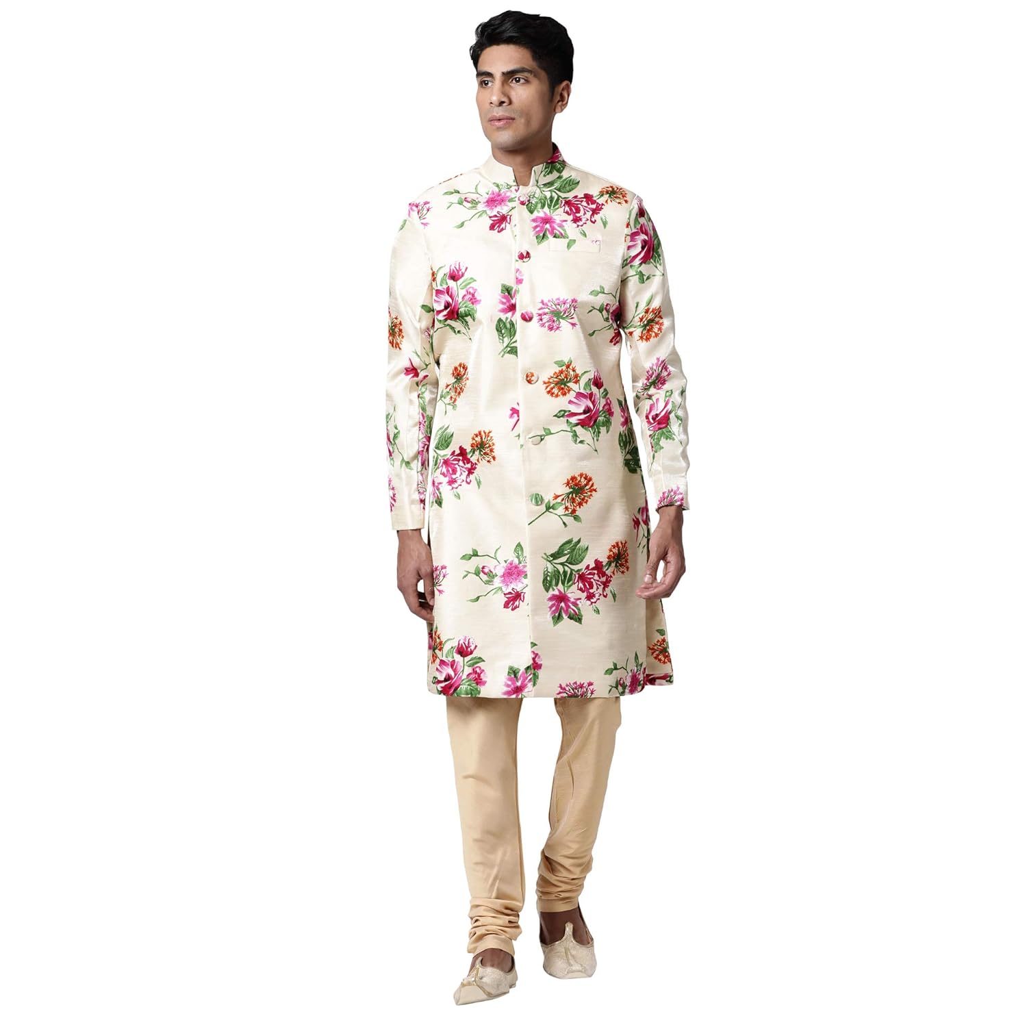 Buy SVANIK Cream & Pink Floral Print Men's Sherwani at Amazon.in