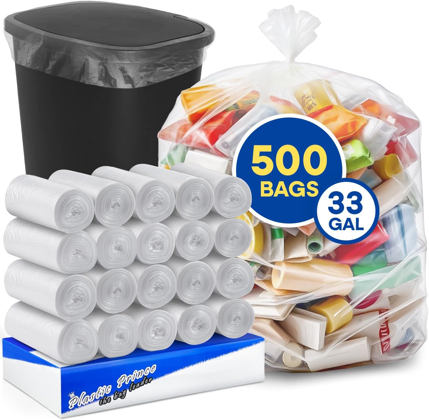 Amazon.com: (500 Pack) 33 Gallon Clear Trash Bags, 13 Mic, High-Density ...
