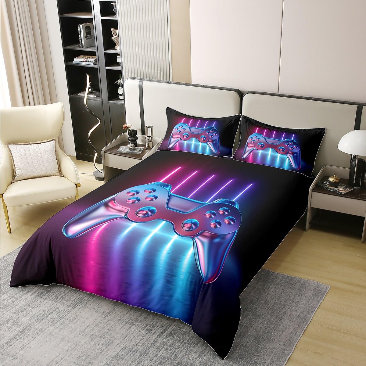 Games Bedding 100% Cotton Set Neon Gaming Duvet Cover 100% Cotton Kids ...