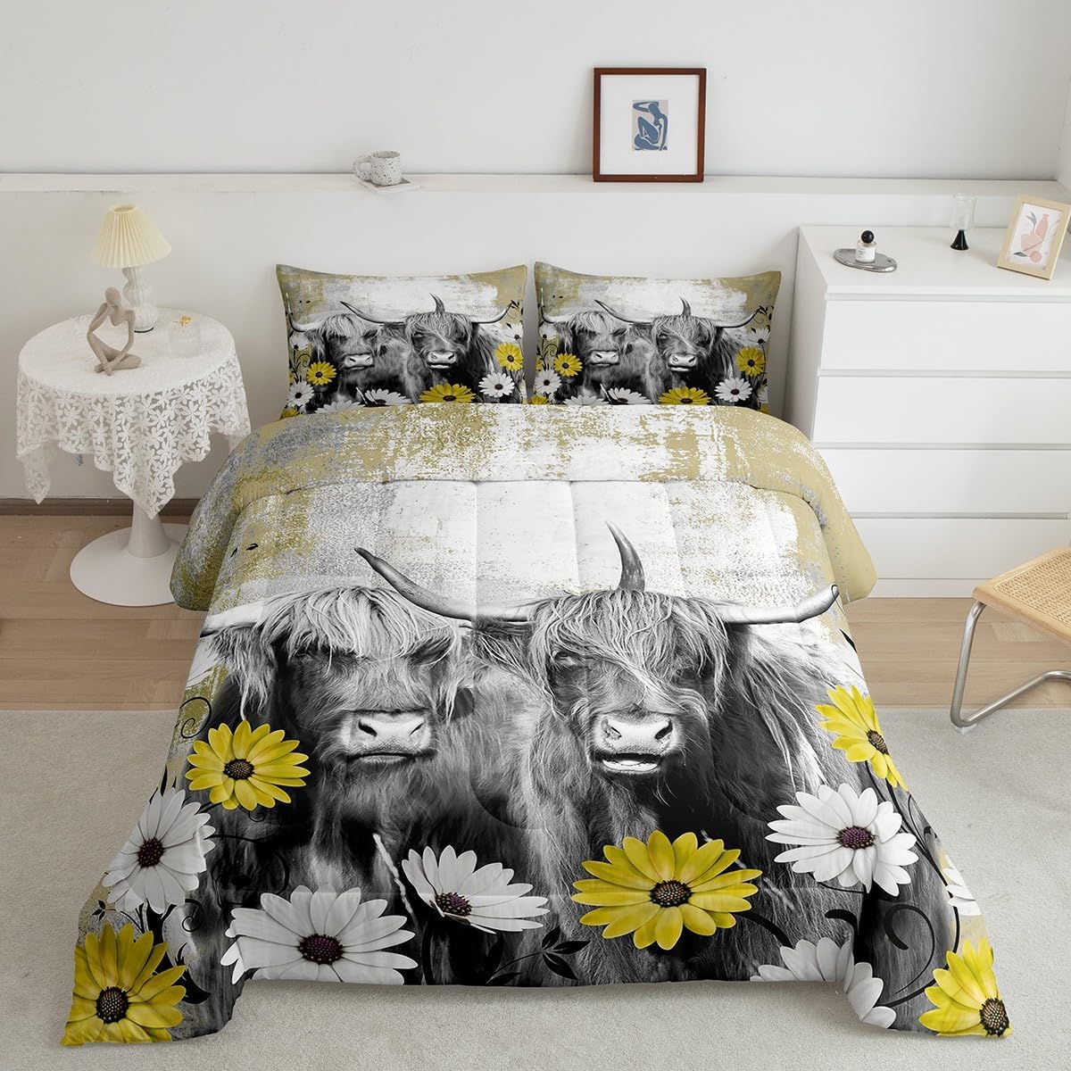 Amazon.com: Erosebridal Highland Cow Full Comforter Set,Western Longhorn Bull Bedding Set for ...