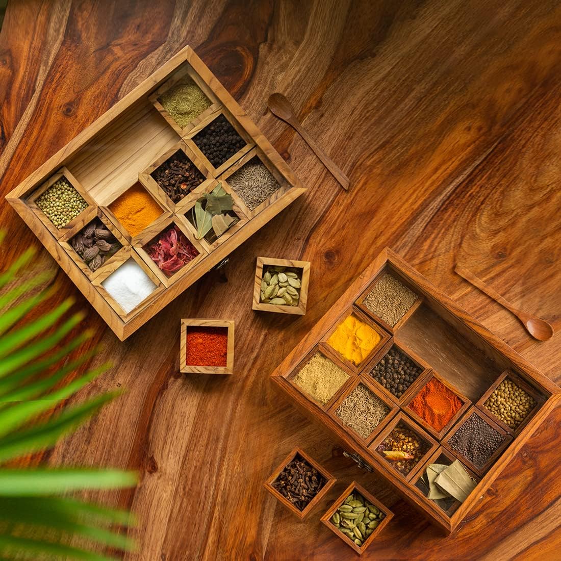 Amazon.com: ExclusiveLane Set of 2 Wooden Spice Box with 12 Containers ...