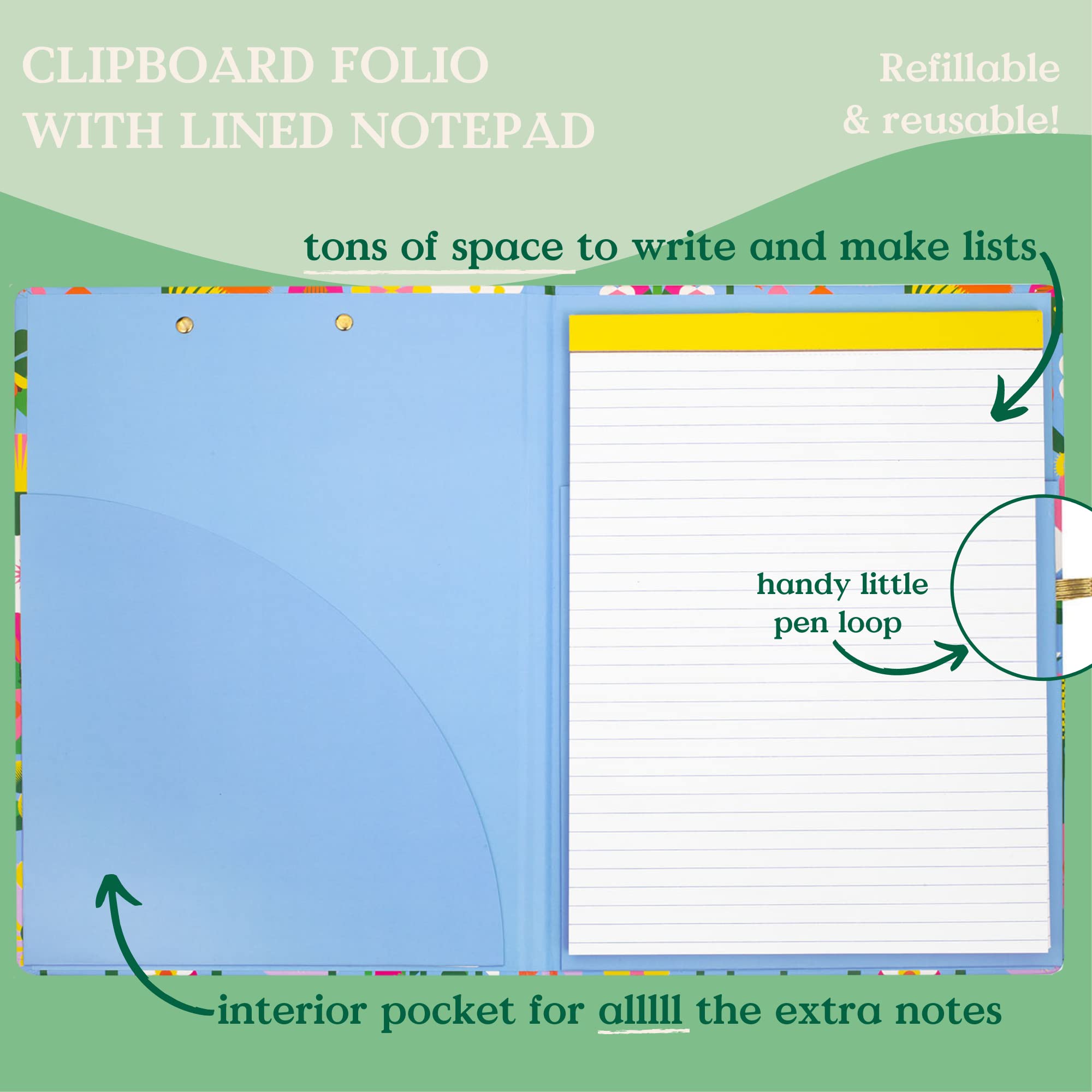 ban.do Blue Clipboard Folio with Lined Notepad, Padfolio with Metal ...