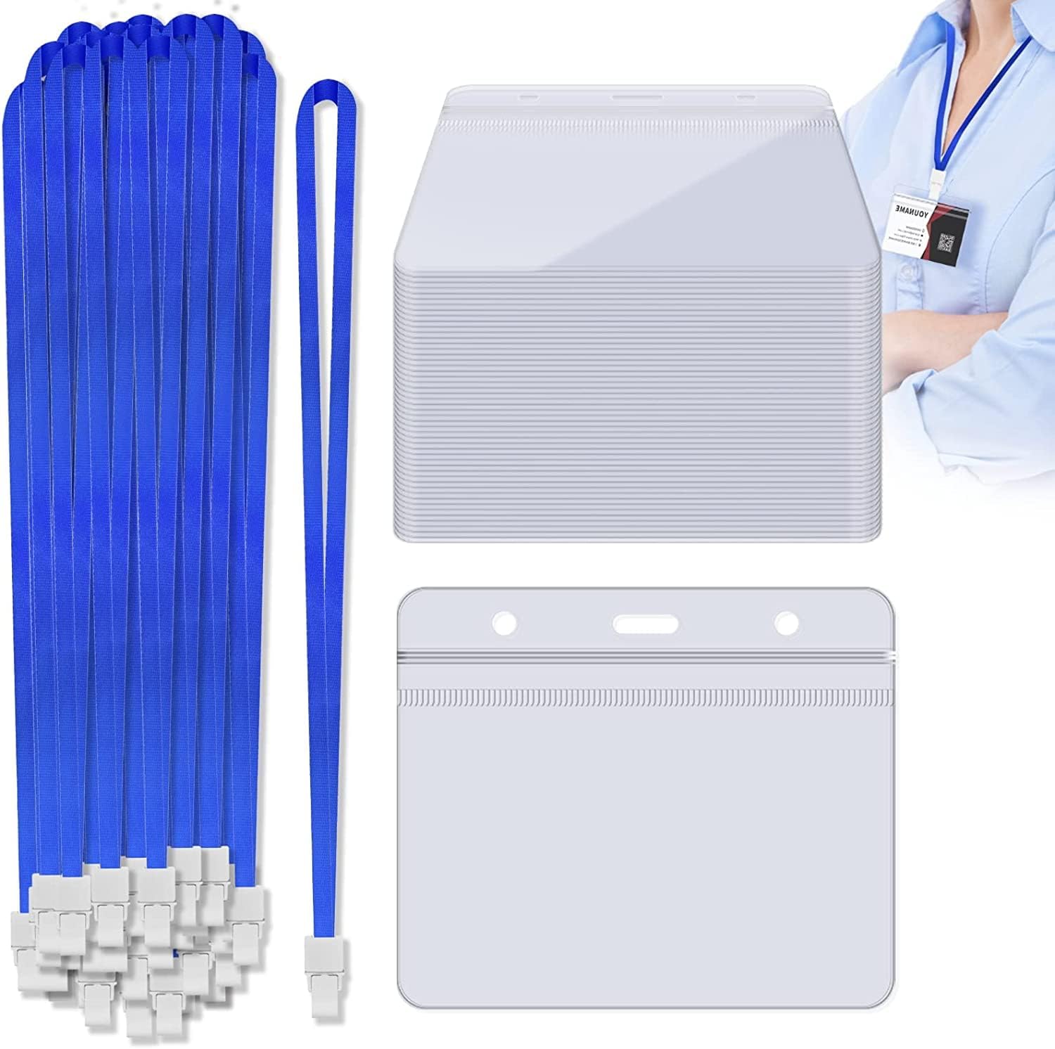 FZENeast Badge Holder with Lanyard，50 PCS Clear Waterproof Horizontal ...