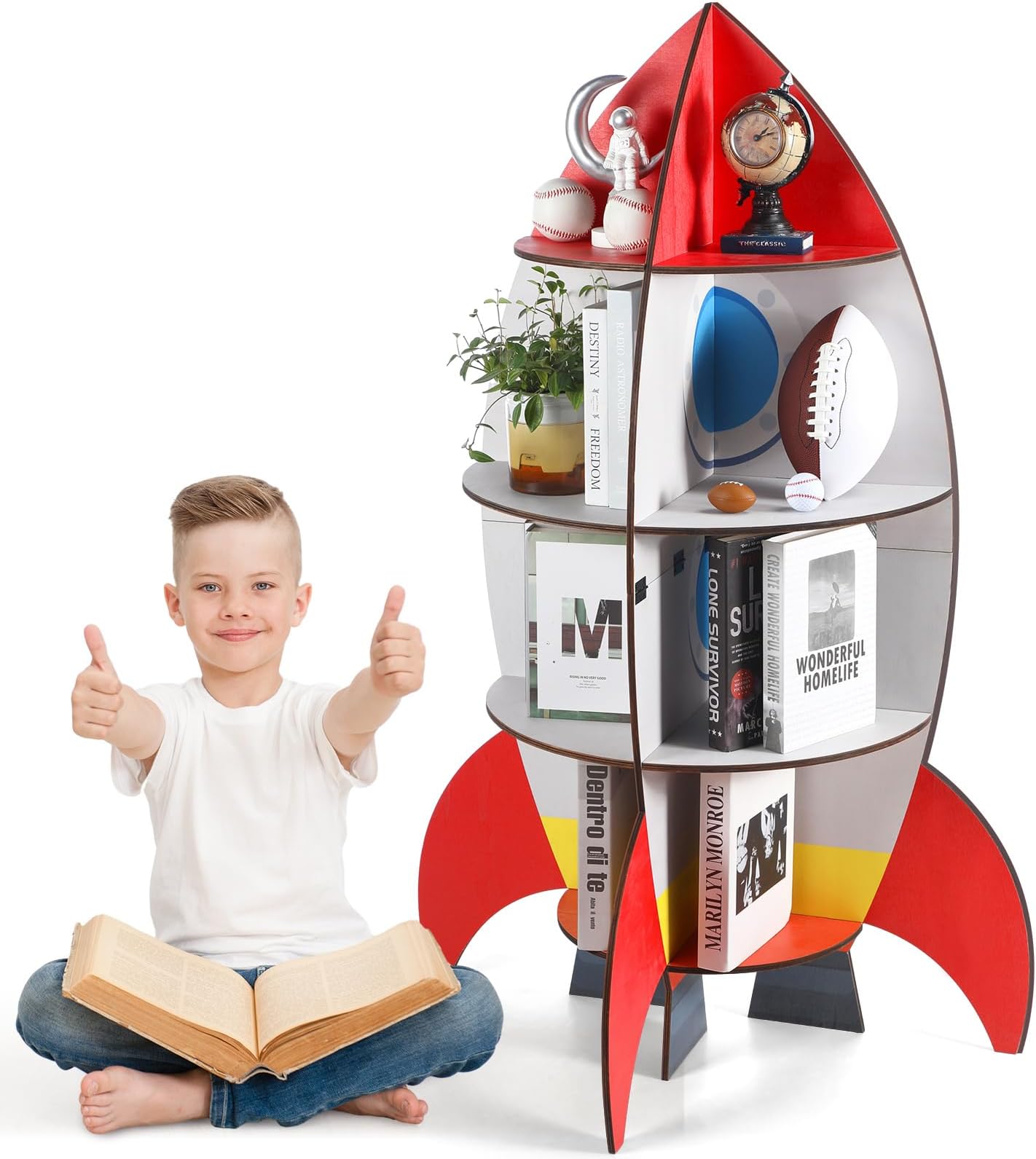 Amazon.com: Lineshading Space Rocket Bookshelf Kids 4 Tier Wooden Toy ...