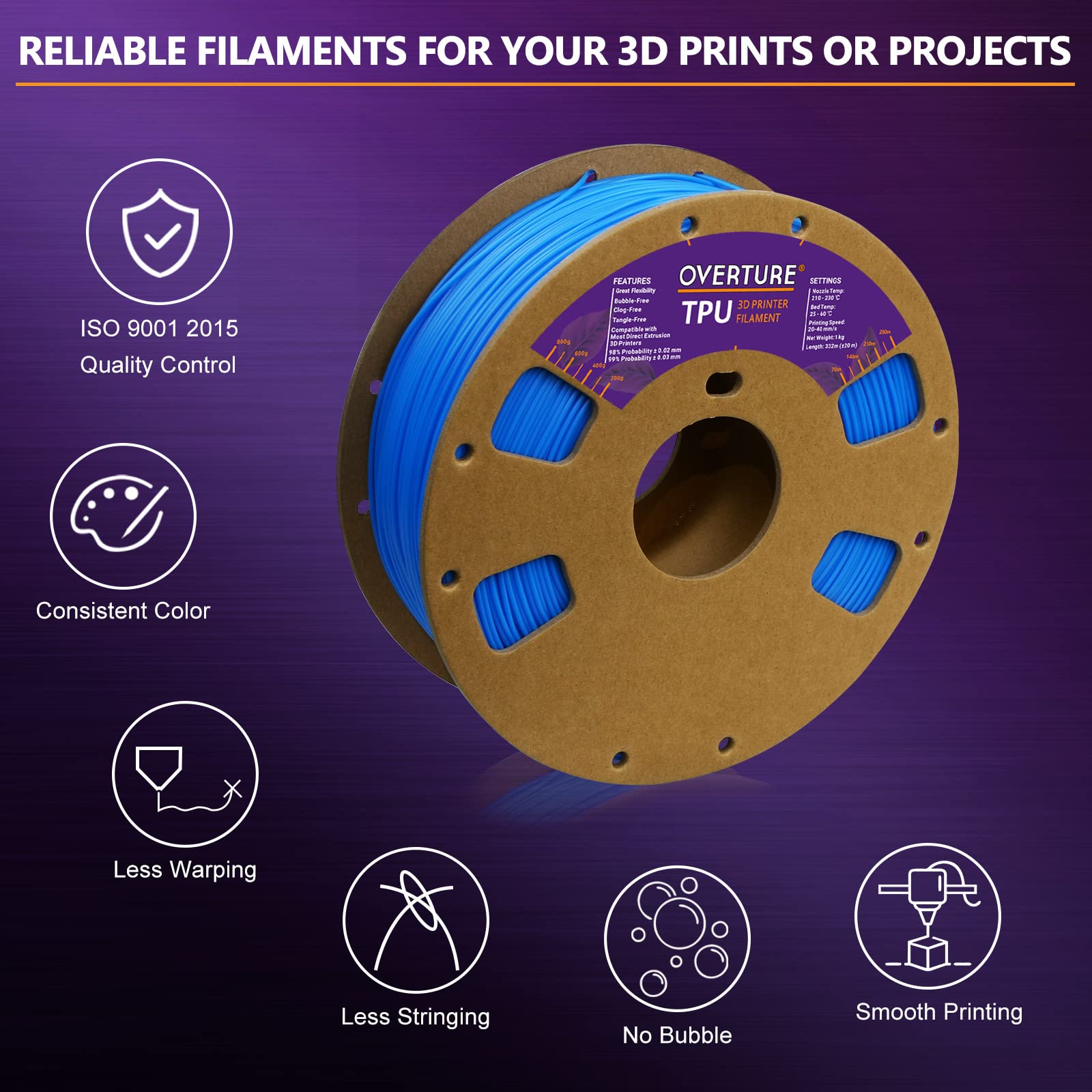 OVERTURE TPU Filament 1.75mm Flexible TPU Roll, Soft 3D Printer ...