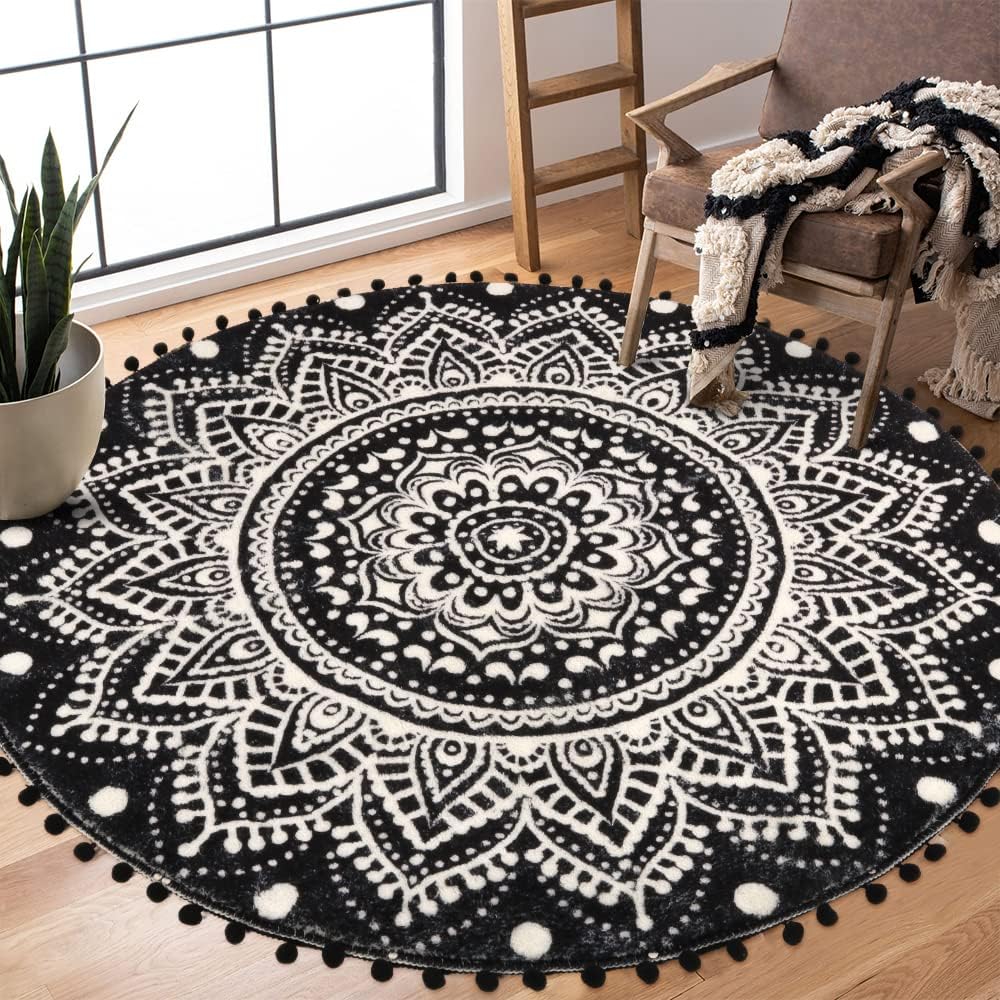 Uphome Boho Round Rug for Living Room 4' Circular Black Mandala Area ...