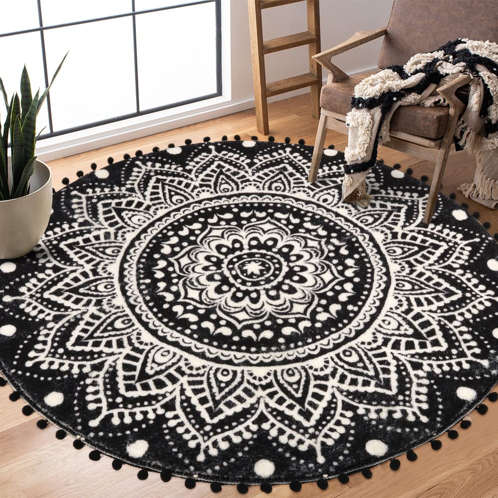 Uphome Boho Round Rug for Living Room 4' Circular Black Mandala Area ...