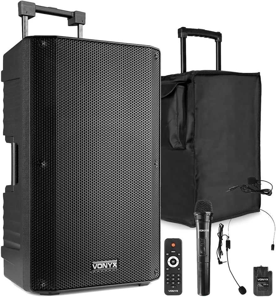 VONYX VSA500BP Portable PA System, 800W Battery Powered Speaker with Wireless Microphone ...