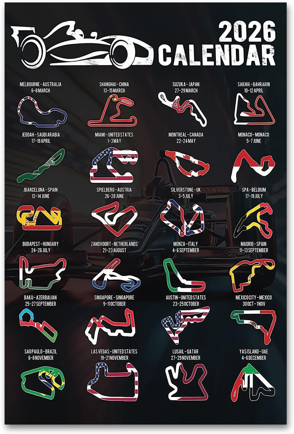 2026 F1 Racing Circuits Calendar Pasteable Poster, 23.6* 15.7inch ...