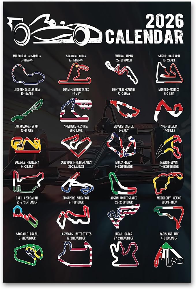 2026 F1 Racing Circuits Calendar Pasteable Poster, 23.6* 15.7inch ...