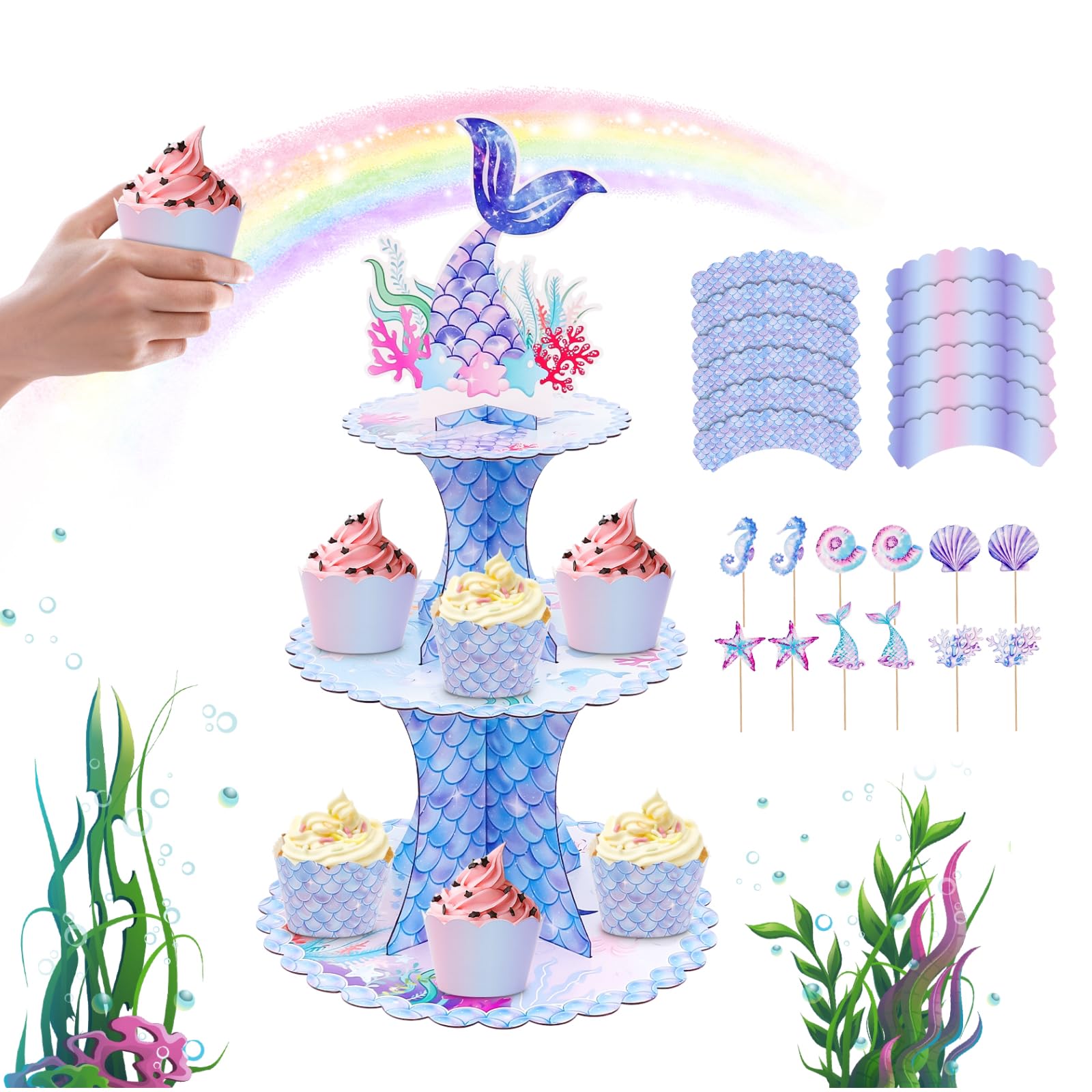 Amazon.com: 3 Tier Mermaid Cupcake Stand, Cupcake Tower, Cardboard Cake ...