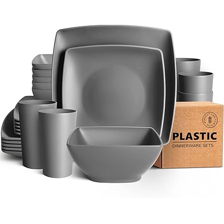 Teivio 24-Piece Kitchen Plastic Square Dinnerware Set, Service for 6 ...