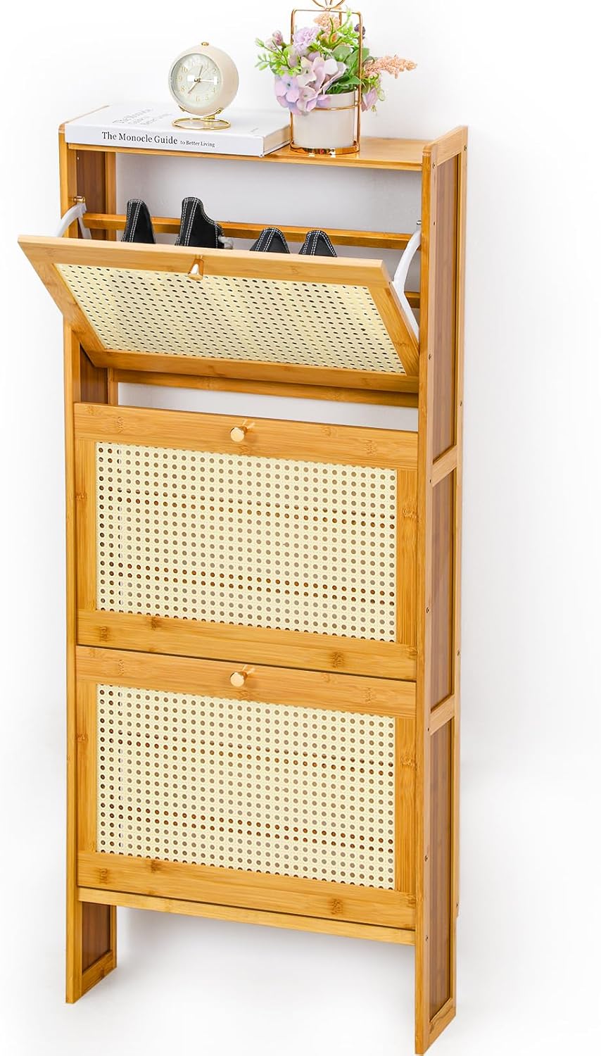 Amazon.com: Beeveer Natural Rattan Shoe Cabinet with Flip Drawers ...