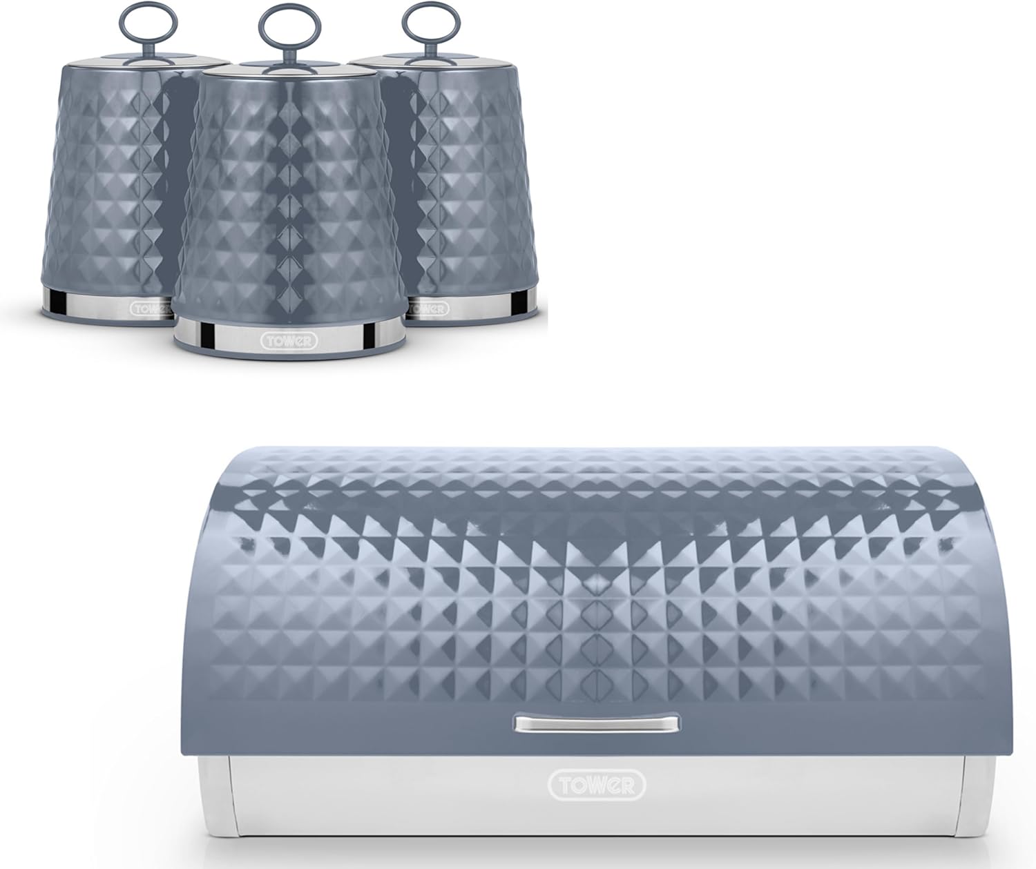 tower Tower Solitaire Grey Roll Top Bread Bin & Tea, Coffee & Sugar ...